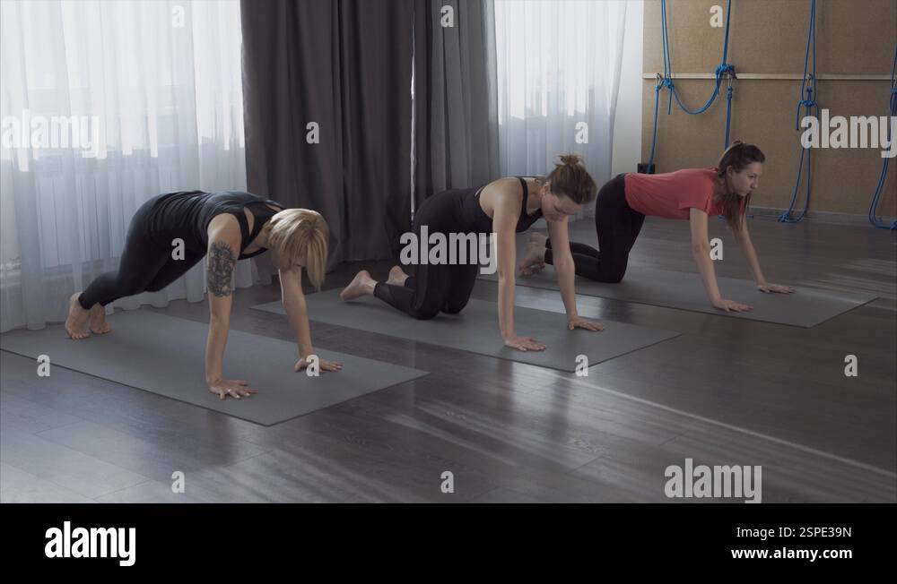 Women perform a complex of asanas, one of the exercises called ...