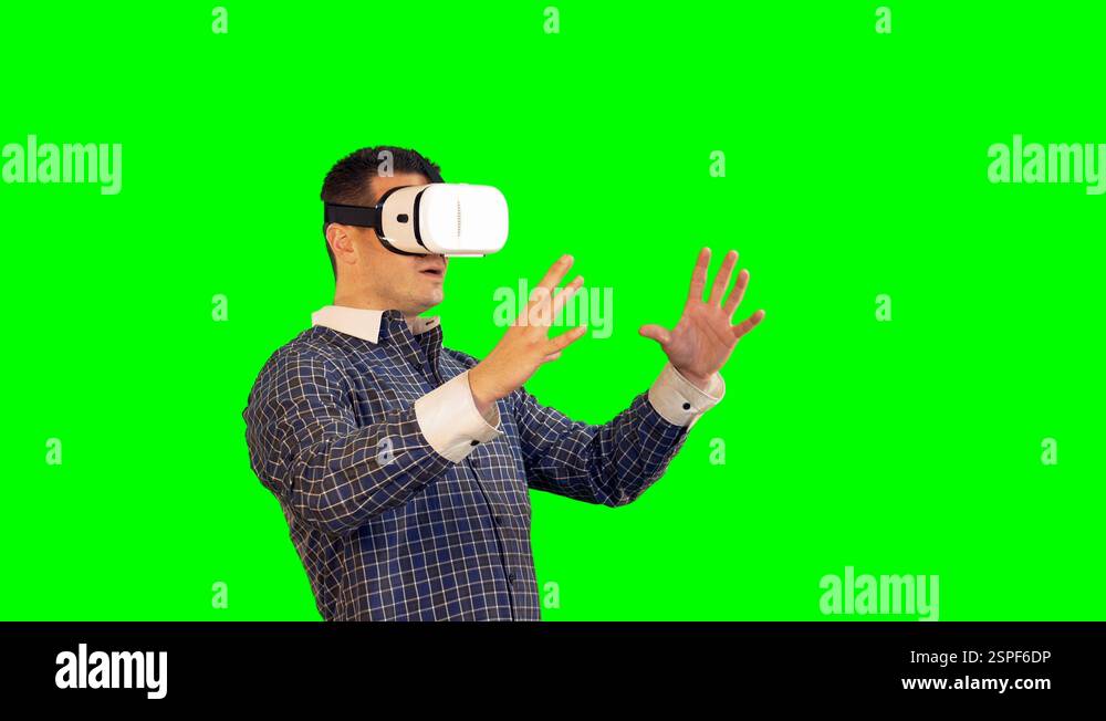 Greenscreen Virtual Reality Side View of Man Wearing 360 Headset ...