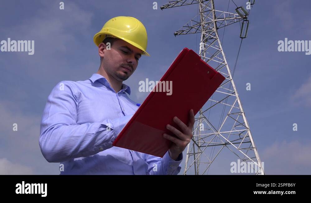 Handsome young man engineer working writing on clipboard electricity ...