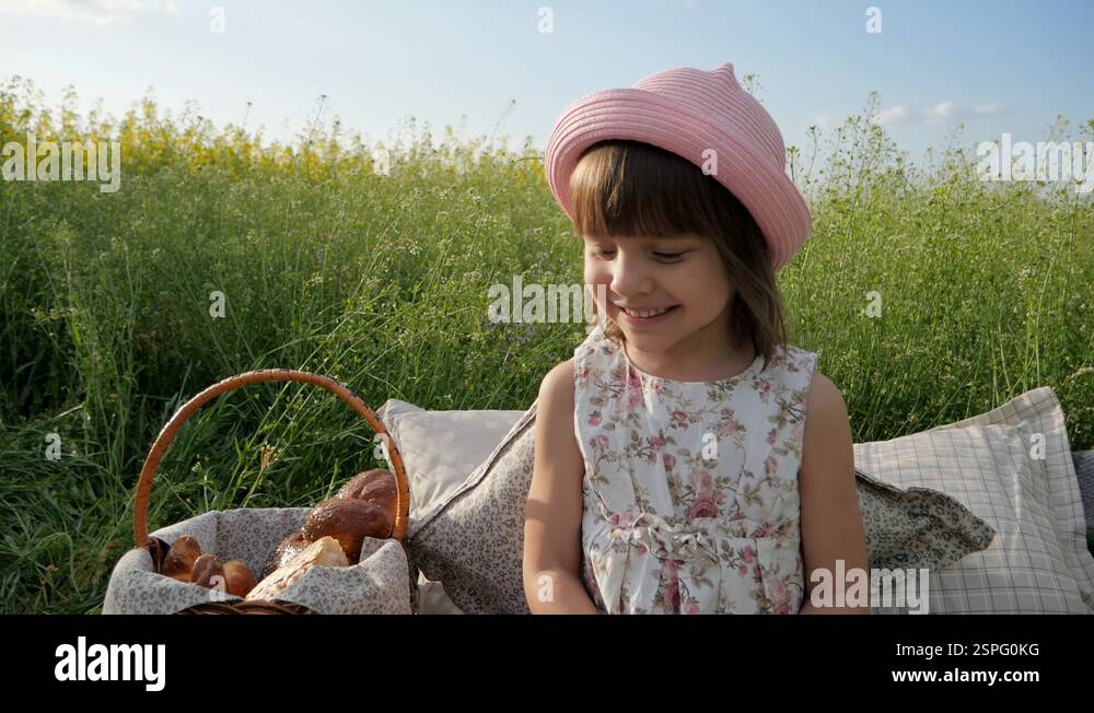 child Picnic nature, Cute little girl portrait eating Bagel, Dough ...