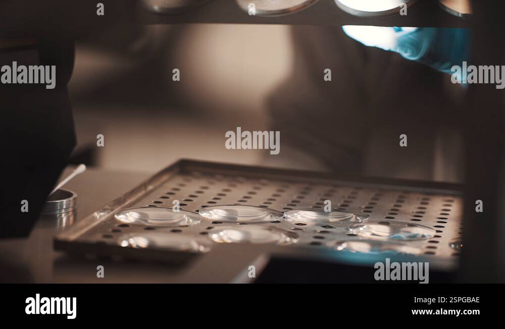Desk of lens production engineer, perforated metal sheet, hands in ...