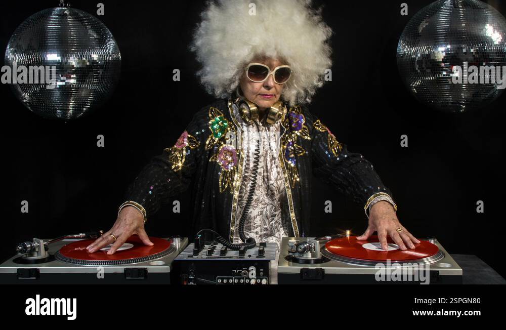 DJ grandma grandparents elderly old retired party music disco Stock ...