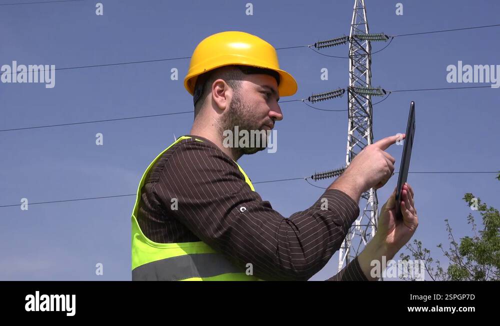Busy supervisor male electricity job sliding a tablet working at cables ...