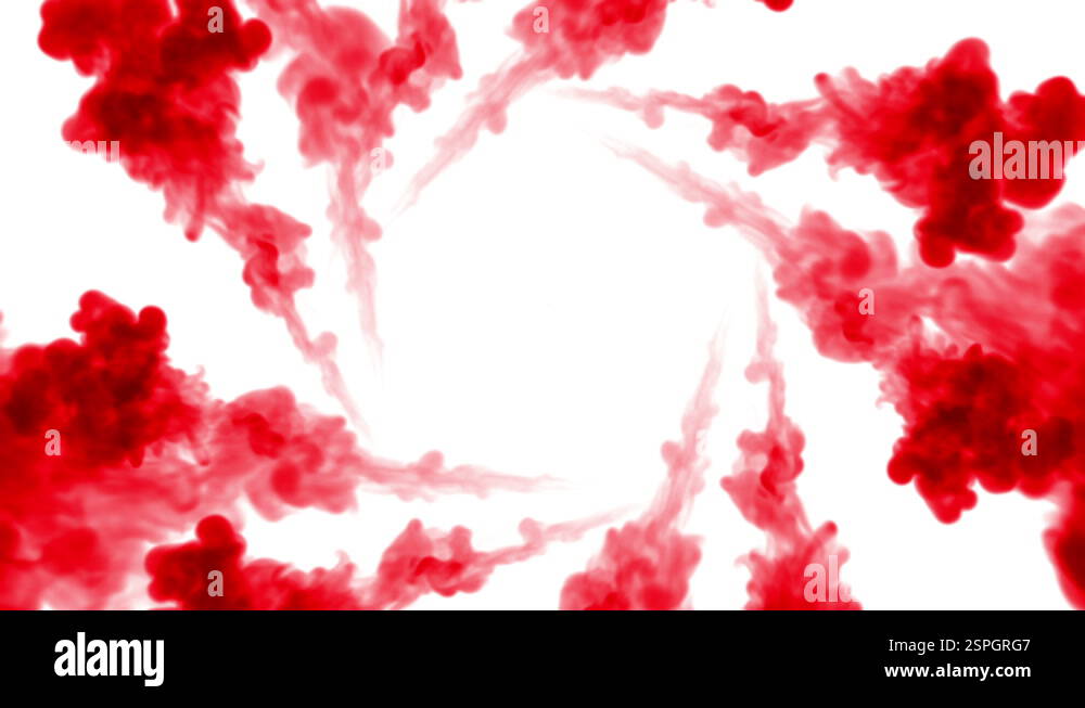 Overhead shot. Red gouache curls in water and move in slow motion. Use ...