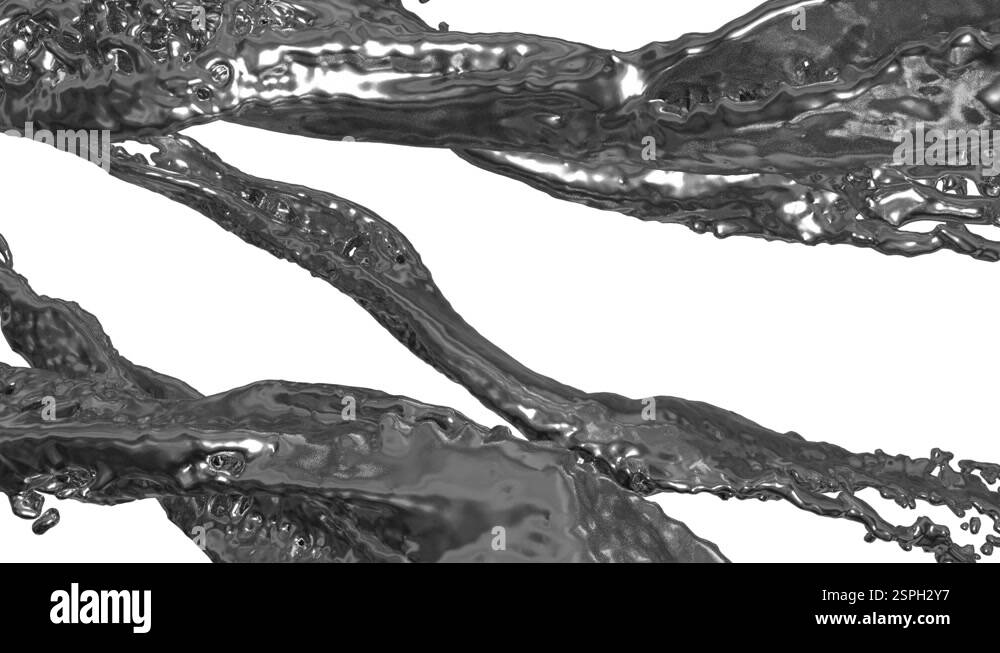 liquid metal flow fly in air. Shot of liquid metal stream in slow ...