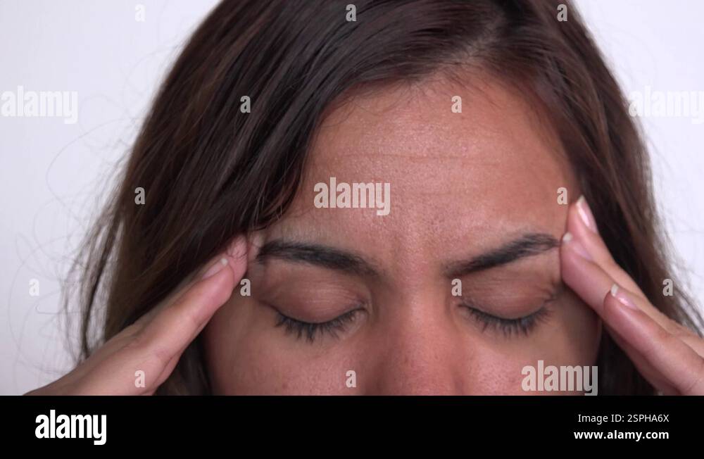 Female woman headache feeling terrible pain massaging her temples sick ...