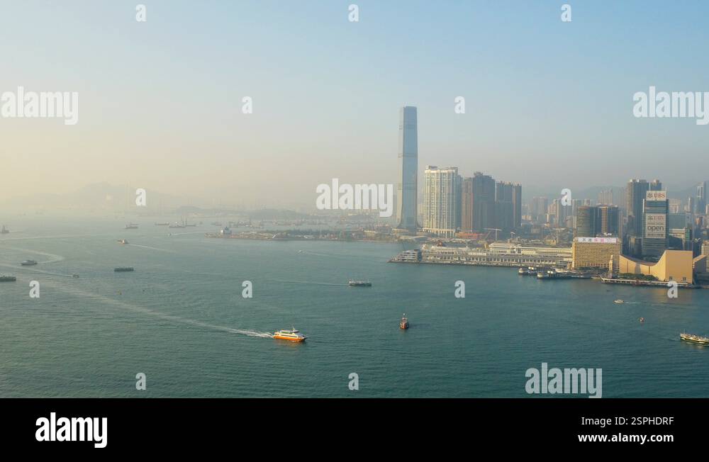 sunny day hong kong bay kowloon island victoria harbour panorama 4k ...