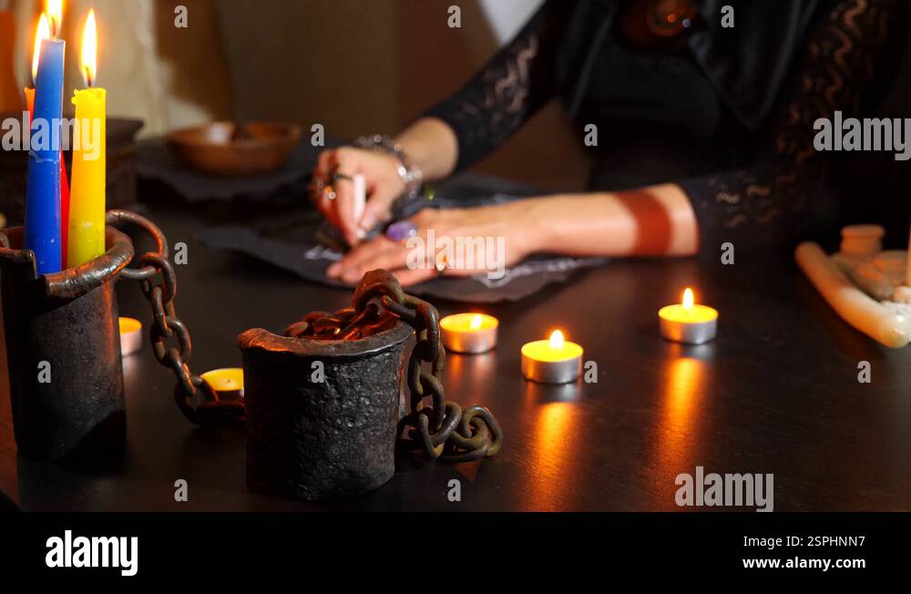 The witch is a fortune teller with candles close-up. A magical ritual ...
