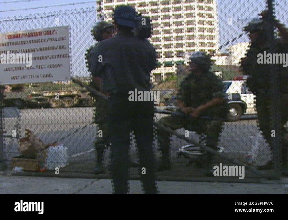 LA Riots 5-1-1992, Police car at National Guard Base Camp in Downtown ...