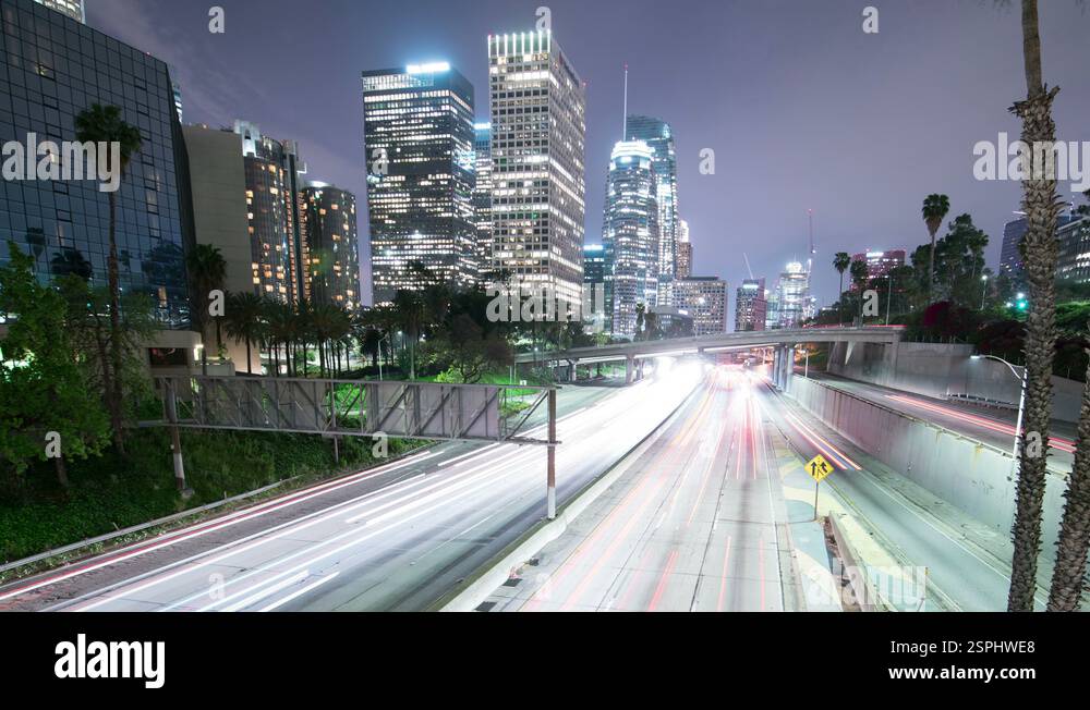 Los Ange Downtown Skyscrapers Freeway Traffic Time Lapse with Palm ...