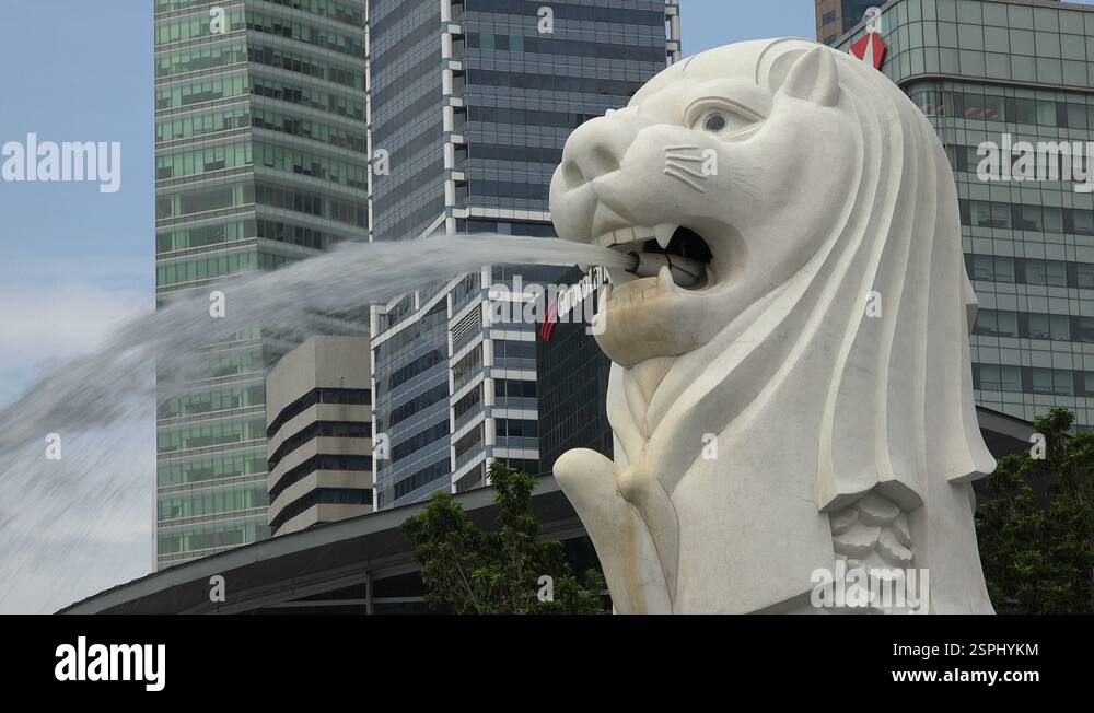 Famous Merlion statue spewing water in Singapore Stock Video Footage ...