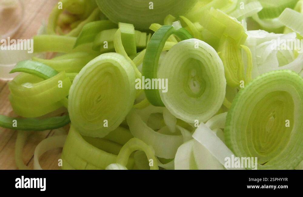 Fresh chopped leek in a ceramic bowl isolated. Sliced leeks Stock Video ...