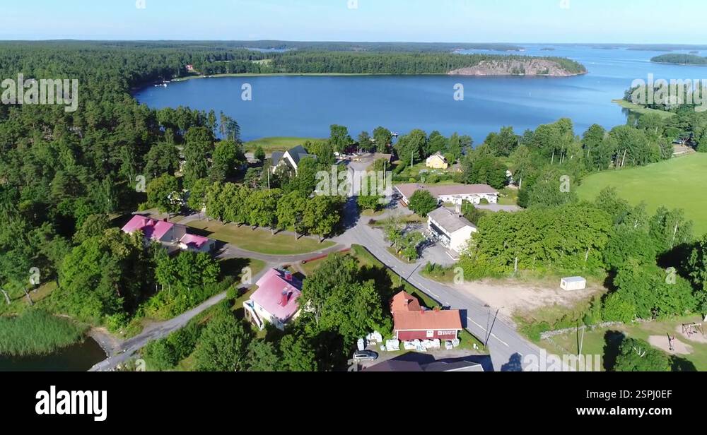 Bromarv church, Cinema 4k aerial view around the church and revealing ...