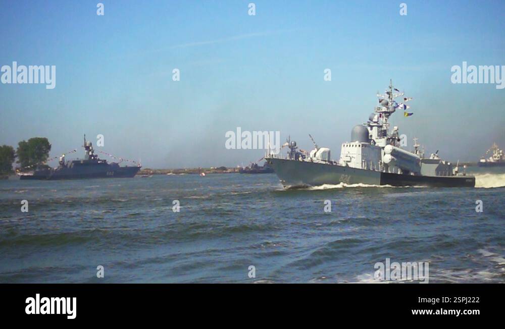 Military naval ship firing during a parade to the day of the Russian ...