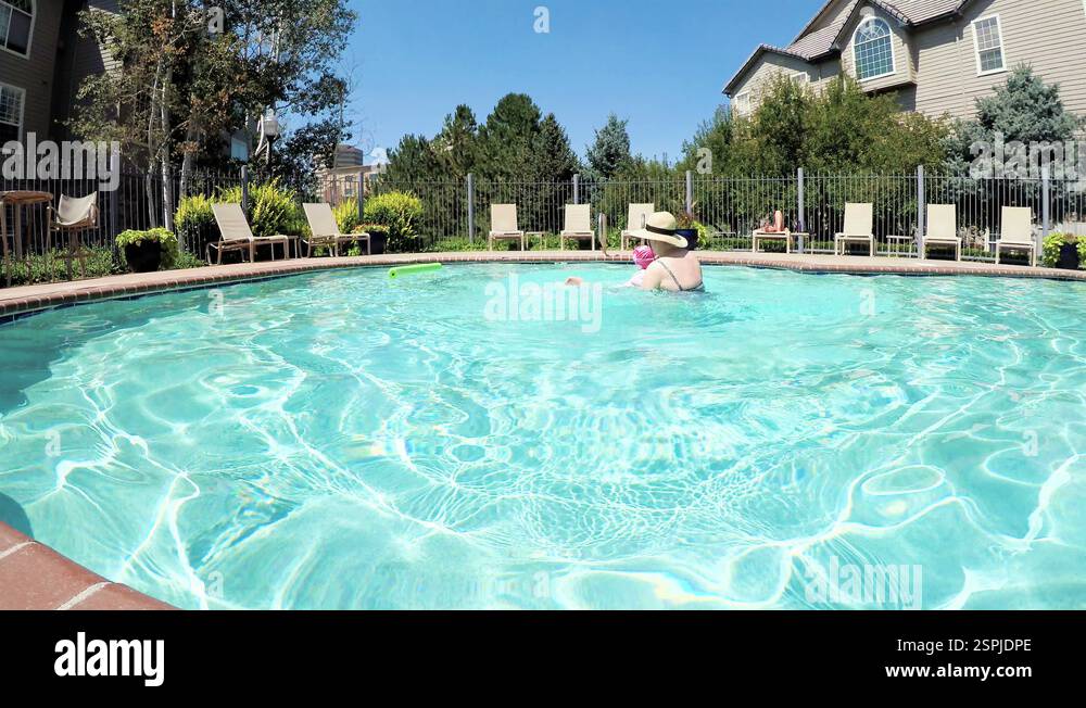POV point of view - Mother and daughter swimming in outdoor swimming ...