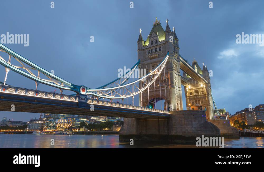 Tower Bridge in London, time-lapse in the rain with blurry rain drops ...