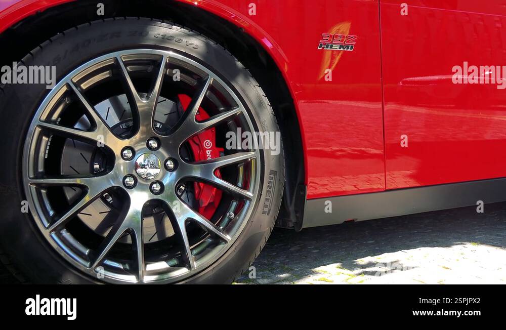 Aluminium wheel and brake disc of Dodge Challenger SRT car - closeup ...