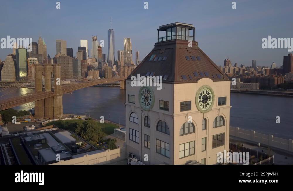 orbiting clockwise around iconic clocktower in Dumbo Brooklyn w ...