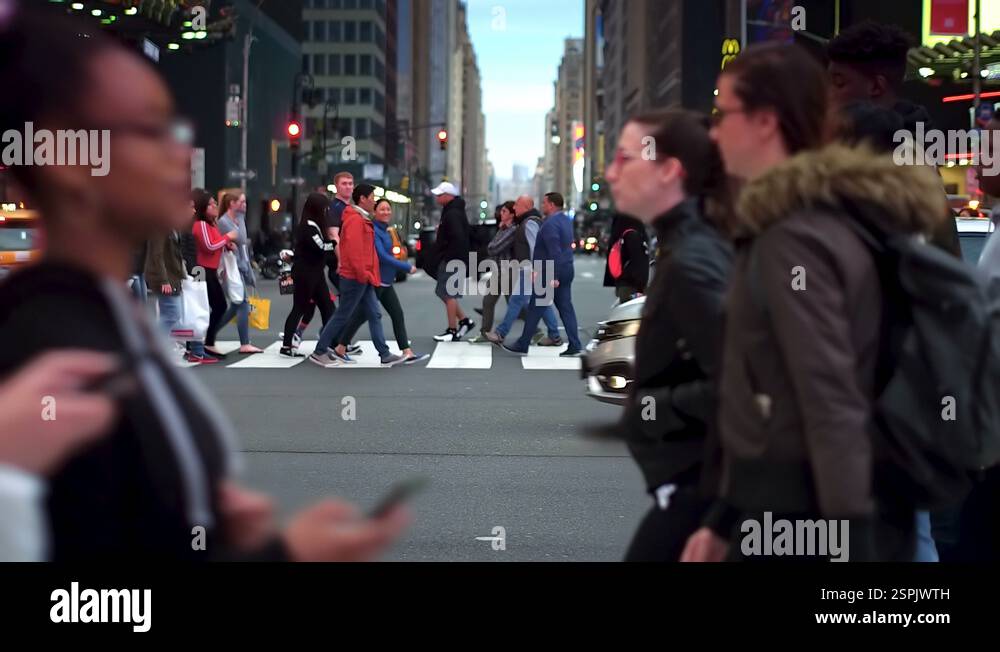 Times Square in slow motion. Crowded crosswalk. Manhattan. NY, United ...