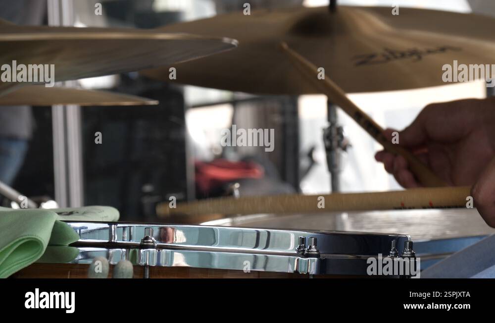 Man Playing Drums Close Up on Snare Drum Cymbal During Concert, 4K ...