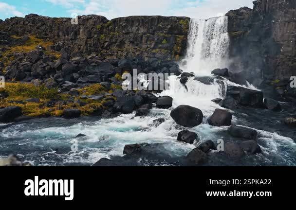 Oxararfoss, spectacular Icelandic waterfall. Course of the xar River ...