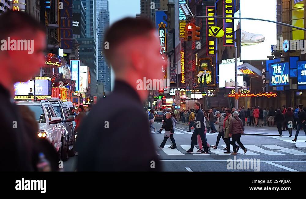 Crosswalk full of vehicles and pedestrians in Times Square. Slow motion ...
