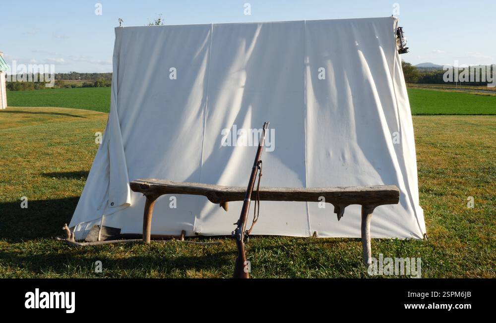 Civil War Musket Rifle Gun Resting on Bench By White Tent Zoom IN Stock ...