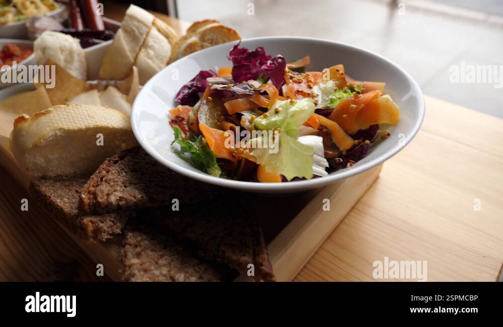 Brunch food layout on restaurant table variety dishes for two person ...