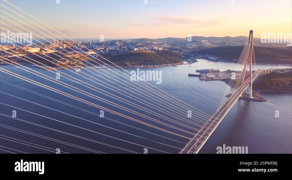 Flying above Russian Bridge. Russian island is on background. Sunrise ...