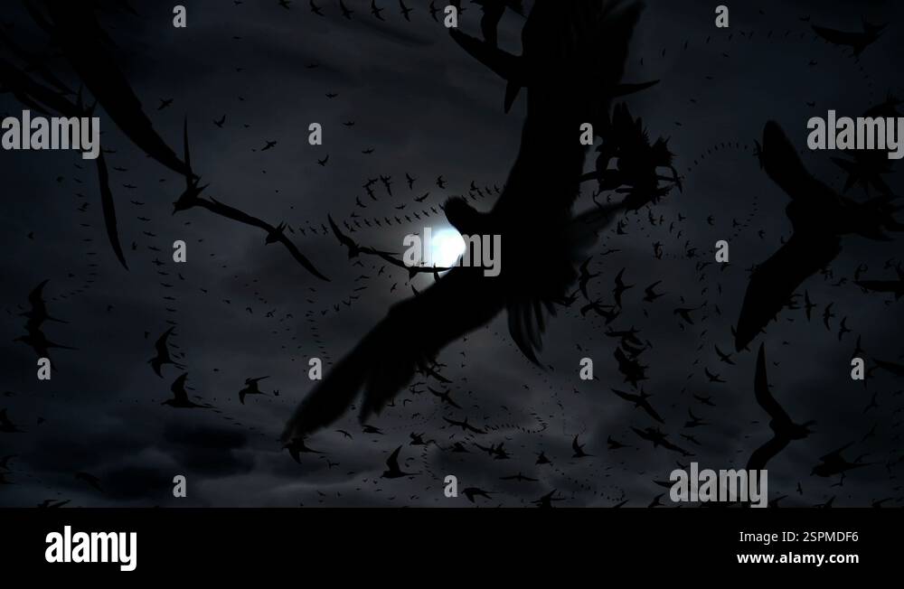Creepy bird swarm under moon, dark Halloween background abstract Stock ...