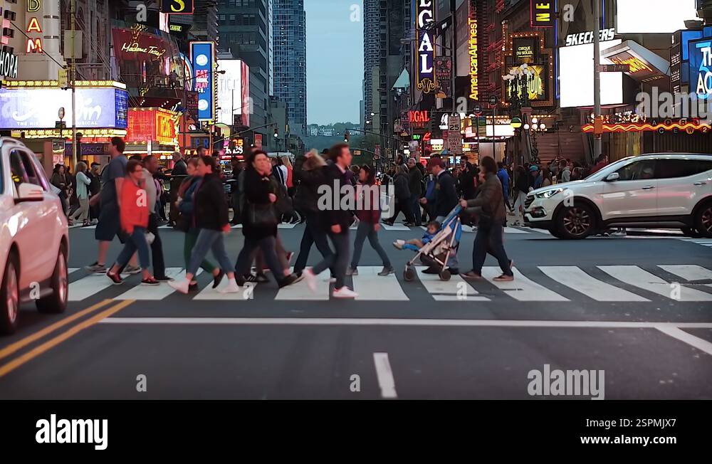Times Square in slow motion. Crosswalk full of vehicles and pedestrians ...