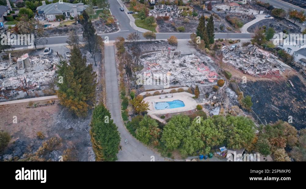 Aerial: houses burnt down and destroyed by wildfires in Fountaingrove ...