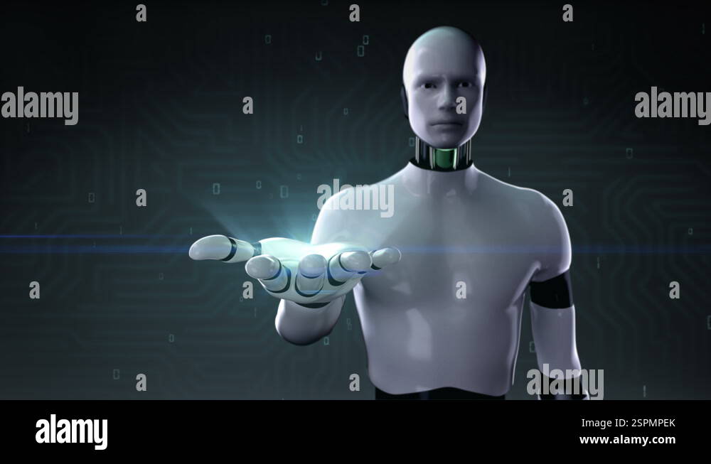 Robot, cyborg open palm in digital interface background 4K size movie ...