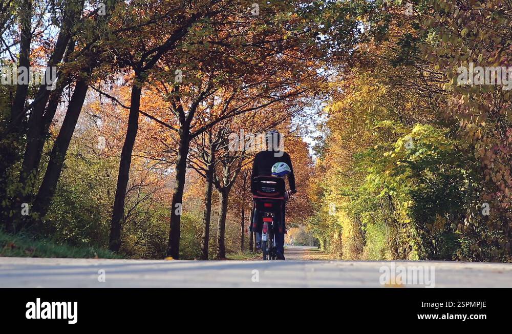 Mother and Daughter Ride a Bicycle Under an Autumnal Vault of Trees ...