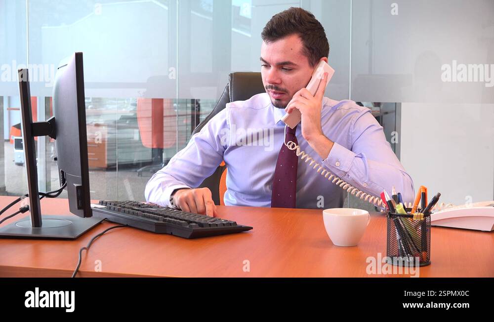 Businessperson man salesman office talking on phone checking computer ...