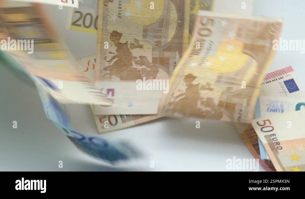 Slow motion of euros are flying and falling. Euro banknotes different ...