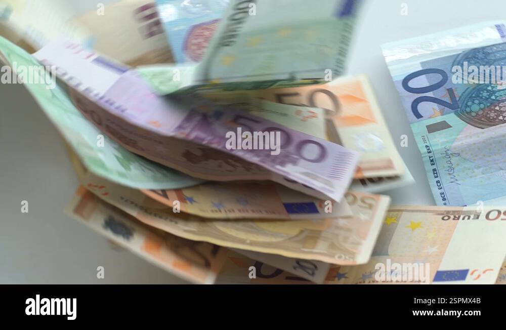 Slow motion of euros are flying and falling. Euro banknotes different ...