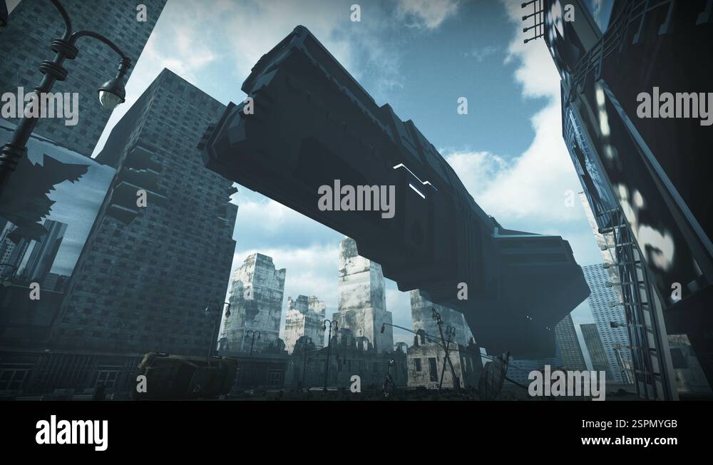 Futuristic cargo spaceship landing in sci fi city. 3D rendering Stock ...