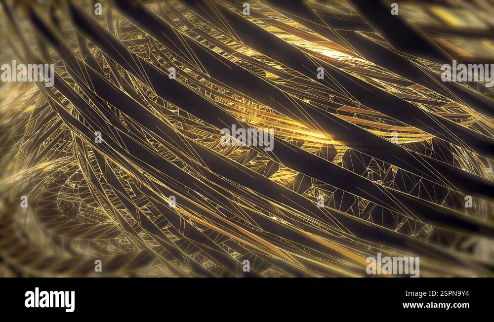 Abstract animated gold motion background of spinning spheres with lines ...