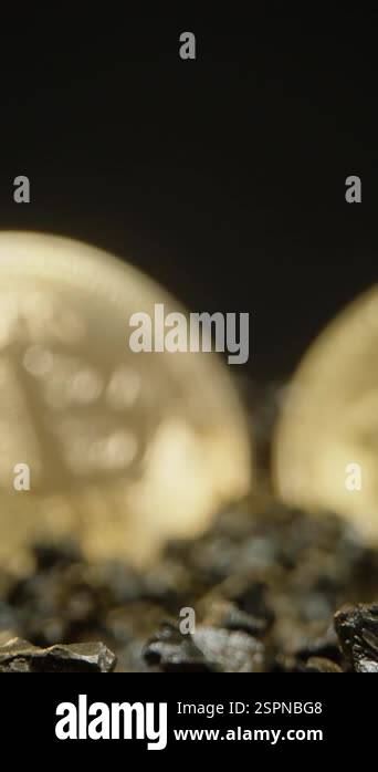 Vertical video. Two Bitcoin Coins Gradually Coming Into Focus While ...