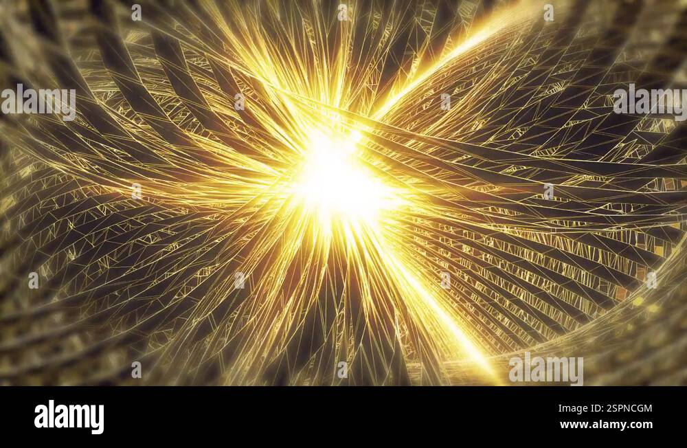 Abstract animated gold motion background of spinning spheres with lines ...