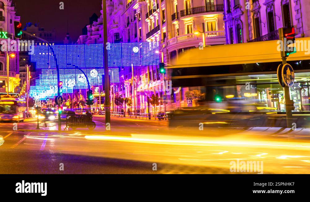 Time-lapse view on the Gran Via in the center of Madrid in Spain Stock ...