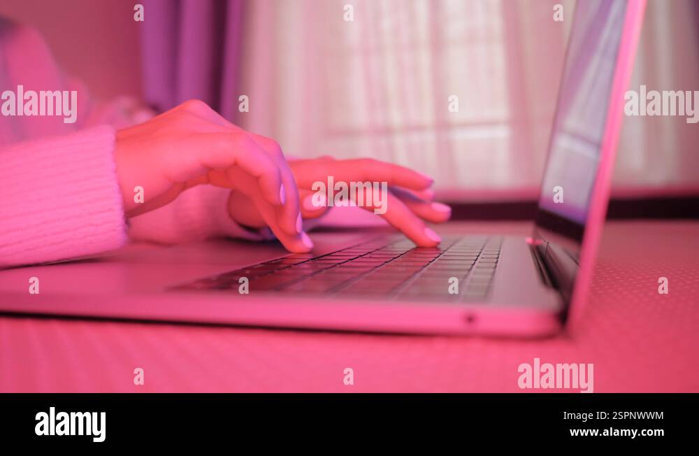 Closeup of business woman typing on laptop. Female hands busy typing on ...