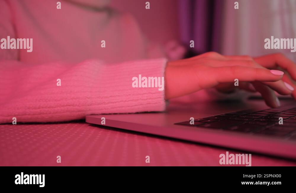 Closeup of business woman typing on laptop. Female hands busy typing on ...