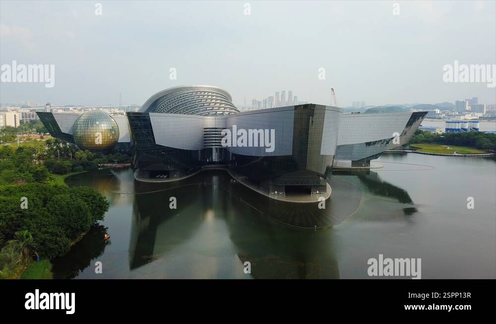 guangzhou day guangdong science center pond front aerial panorama 4k ...