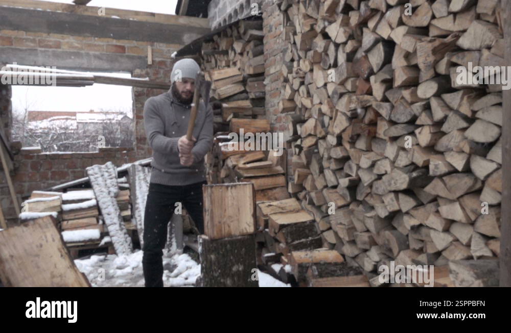 A man cuts wood logs with an ax. Felling of trees. A pile of sawn ...