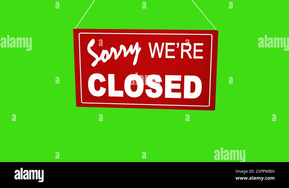 A white sign at red: sorry we are closed. Animation of sign on ropes ...