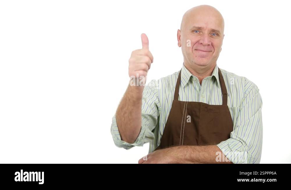 Man Wearing Kitchen Apron Smile and Make Thumbs Up Hand Gestures Stock ...