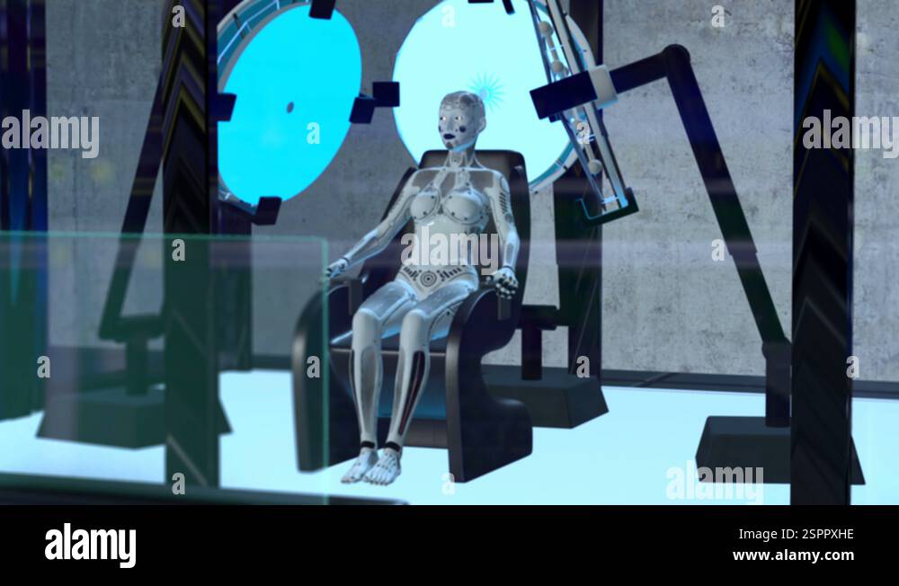 Humanoid robot, female android in a glass box, cyborg production ...