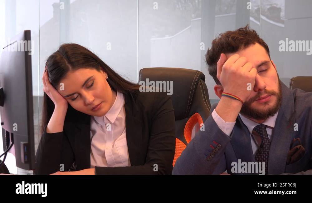 Overworked overwhelmed business team coworkers sleeping on office desk ...